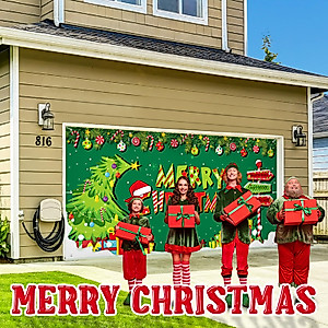 Ganeen 8 x 16 ft Christmas Outdoor Green Tree Garage Door Banner Large Winter Forest Pine Trees Snowy Backdrop Holiday Background Sign for Xmas Garage Door Wall Decoration Props Gifts