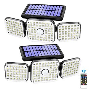 Solar Lights Outdoor, 132 LED 1500LM Solar Security Flood Lights with Remote Control, Wireless Motion Sensor Lights 3 Heads 270° Wide Angle Illumination IP65 Waterproof Wall Lights (2 Packs)