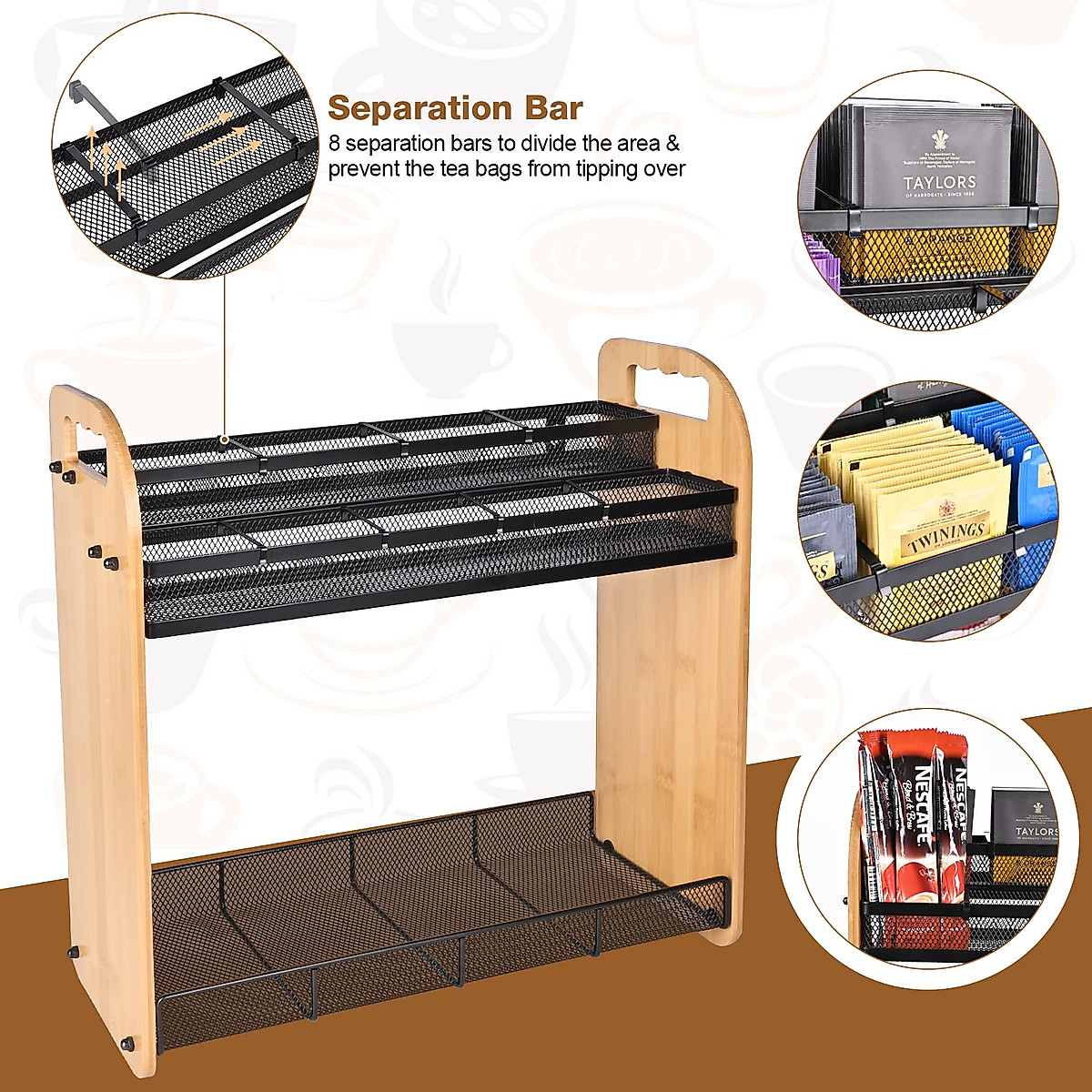 ITHSKUILL Tea Bag Organizer, Large Capacity Tea Organizer for Tea Bags, Bamboo Multi-functional Storage Coffee Bar Accessories for Home Office Kitchen Counter Cabinet Pantry Organizer