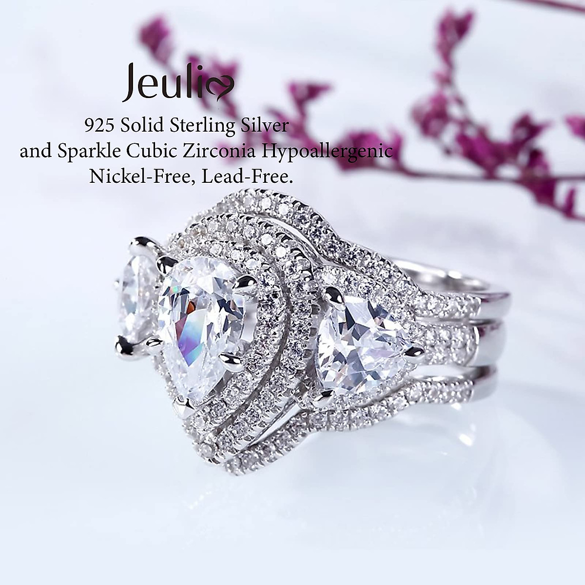 Jeulia Double Halo Oval Engagement Ring Sterling Silver Cubic Zirconia Engagement Ring Set Simulated Diamond Wedding Bridal Sets with Side Stones Promise Gift