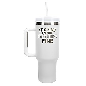 Elanze Designs It's Fine I'm Fine Everything's Fine 40 oz. Stainless Steel, Large Water Bottle Coffee Mug, Spill & Leak Resistant, Thermal Travel Tumbler with Handle, Lid & Straw, White