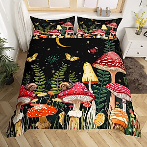 Feelyou Kids Mushroom Bedding Set Natural Wild Fungus Duvet Cover Set for Kids Girls Botanical Plants Comforter Cover Butterfly 1 Duvet Cover with 1 Pillowcase Full Size (No Comforter)