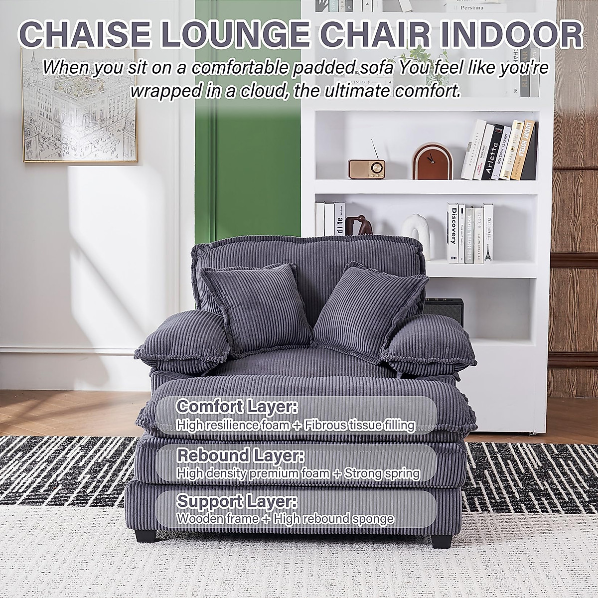 GOHFOY 56.3'' Chaise Lounge Chair Indoor, Oversized Chair with Ottoman, Comfy Upholstered Wide Sleeper Chaise Lounge Chair, Oversized Reading Chair, Chaise Lounge for Living Room, Bedroom