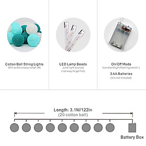 Fairy Lights Starry LED String Lights 20 PCS Indoor/ Outdoor Cotton Ball Warm Lighting Wall Light for Bedroom, Wedding Party ,Home ,Christmas,Halloween,Garden (Batteries, Tiffany)