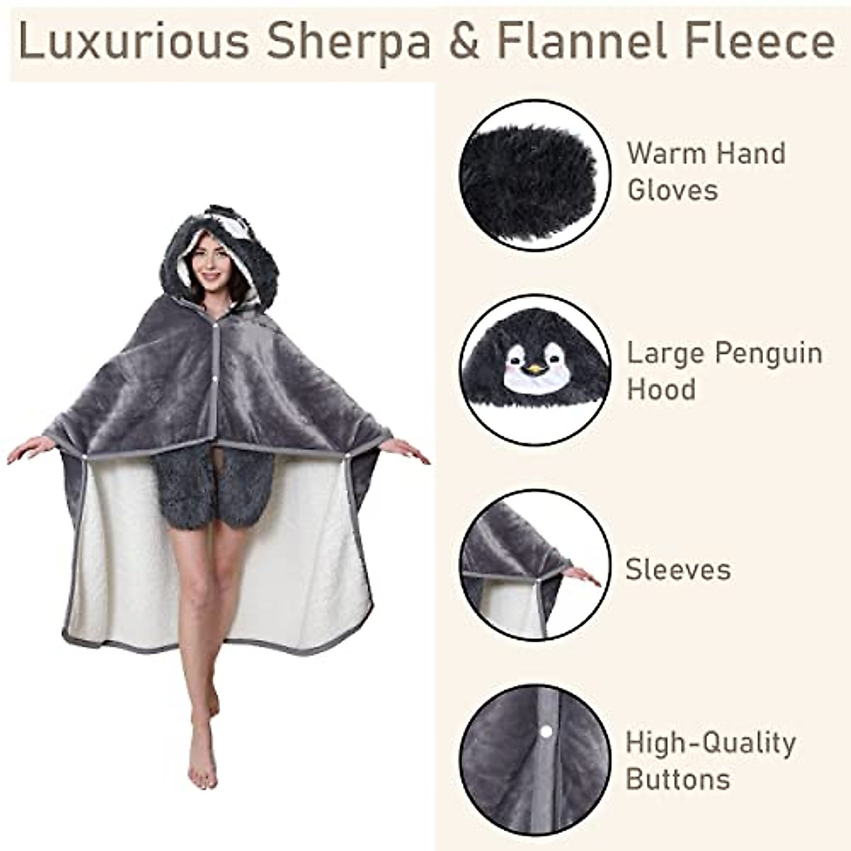 Penguin Wearable Hooded Blanket - Warm & Cozy Oversized Blanket Hoodie with Hand Gloves- Soft Plush Premium Sherpa and Flannel Fleece Hoodie Blanket - Penguin Gifts for Women Adults and Kids