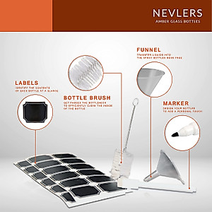 Nevlers 18 Pack 8 oz Amber Glass Bottles with Caps | The Brown Leak Proof Glass Bottles Includes Caps, Funnel, Brush, White Marker and Labels to Easily Identify the Contents