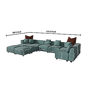 LLappuil Modern Modular Sectional Sofa Set, Low Back Minimalist Style Couch with Ottoman, Soft Fabric 10 Seater Oversized 153.5" U Shaped Sofa for Living Room, Aqua Blue