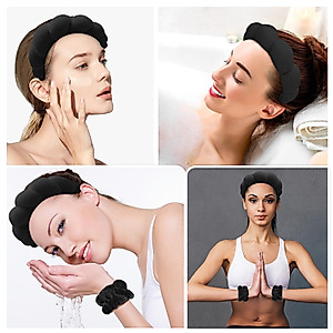 Zkptops Spa Headband for Washing Face Wristband Sponge Makeup Skincare Headband Terry Cloth Bubble Soft Get Ready Hairband for Women Girl Puffy Padded Headwear Non Slip Thick Hair Accessory(Black)