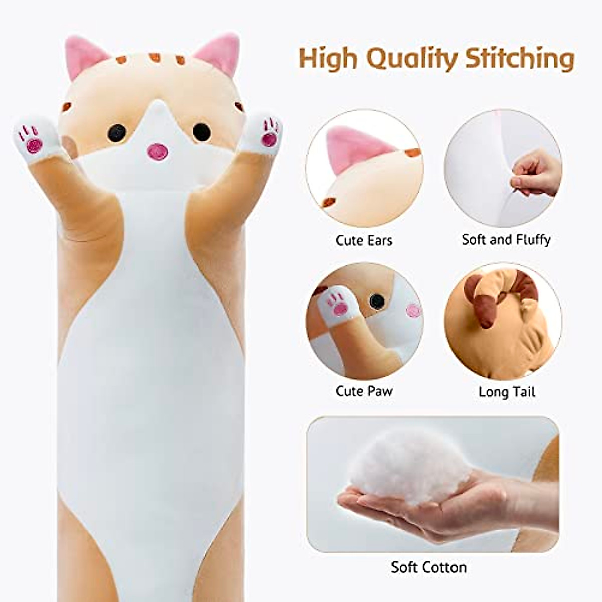 Colixpet Cat Plush Soft Long Body Pillow, Cute Cat Stuffed Animals Cuddly Plushies Kitten Plush Throw Pillow Doll Toy Gift for Christmas Birthday Girls Boys Brown 50cm/19.68Inch