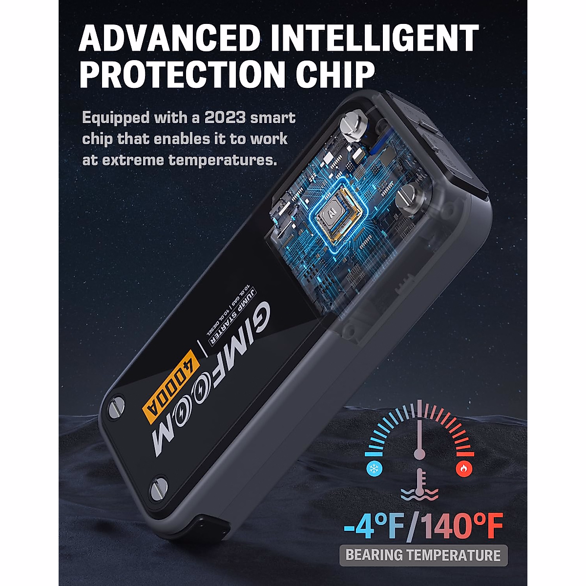 GIMFOOM Jump Starter, 4000A Car Battery Jump Starter with Wall Charger (10L Gas & 10L Diesel Engines), 12V Jump Starter Battery Pack with 3.4 Inch Smart Display, Jump Box with 400 Lumens LED Light