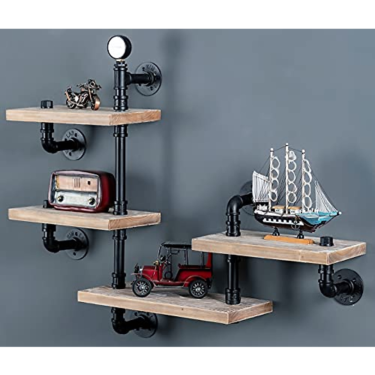 WAKI HOME Industrial Floating Pipe Wall Mounted Shelves Rustic Modern Wood Shelving Bookcase 4 Layer Ladder Steampunk Hanging Bookshelf for Home Bathroom Office Decor (4-Tier Ladder Shelves)