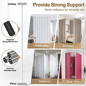 Room Divider Curtain Rod - 4-10ft(H) 28-171inch(W) No Drilling Tension Curtain Divider for Room Separation, Heavy Duty Portable Curtain Stand Space Partition, Wall Divider for Room Separator - White