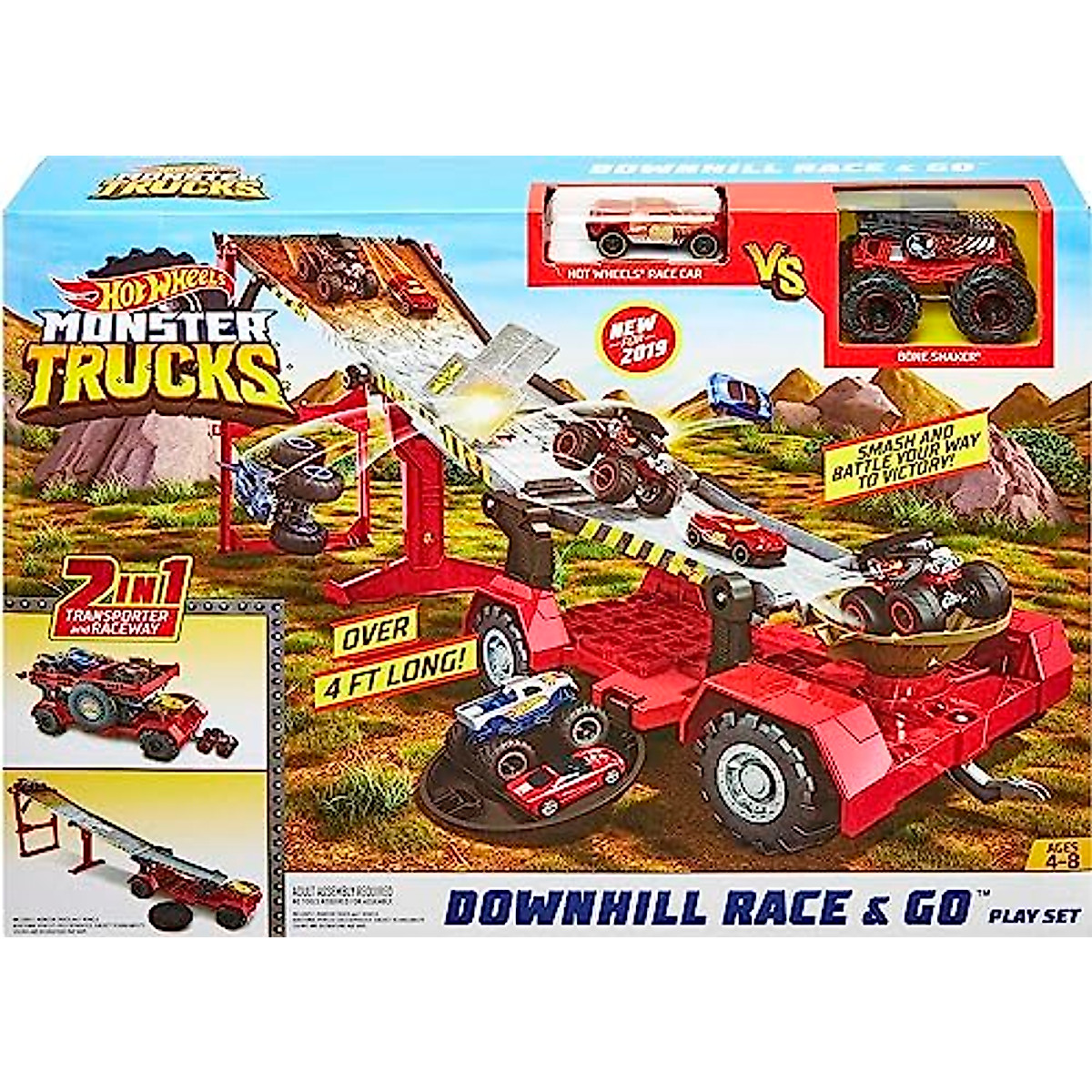 Hot Wheels Monster Trucks Down Hill Race & Go Playset with 1:64 Scale Bone Shaker Toy Truck & 1:64 Scale Toy Car