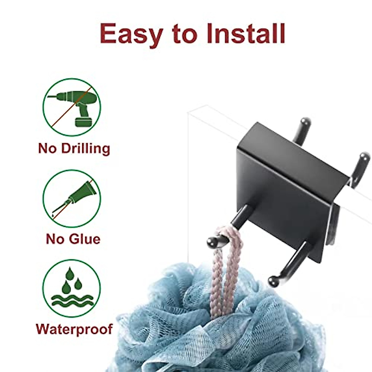 Holensun Towel Hooks Over Shower Door 0.32-0.39in Frameless Glass Hanger for Bathroom Matte Nickel Razor Squeegee Loofah Robe Holder 2 Pack (Black)