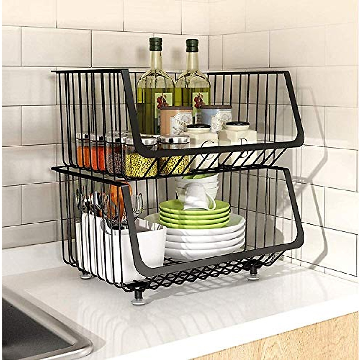 PEPDRO 2 Tier Vegetable Fruit Rack Kitchen Table Board Storage Basket Multifunctional Storage Rack Shelf
