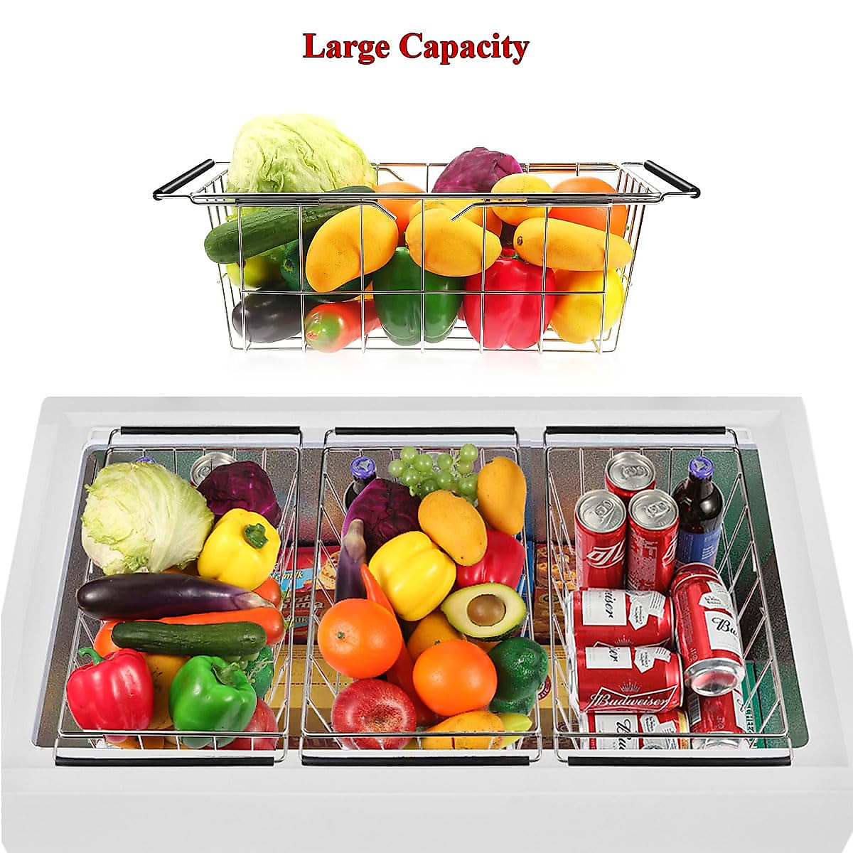 Orgneas Chest Freezer Organizer Bin Expandable Deep Freezer Wire Basket Storage Bin, Stainless Steel Over The Sink Dish Drying Rack for Kitchen