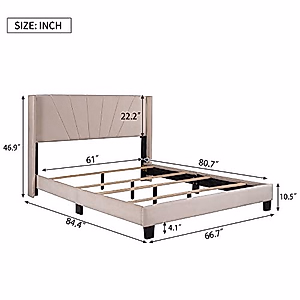 HBRR Queen Size Bed Frame with Velvet Upholstered Headboard, Low Profile Platform Bed with Wood Slats, Fully Upholstered Mattress Foundation, Noise-Free, Easy Assembly, Beige