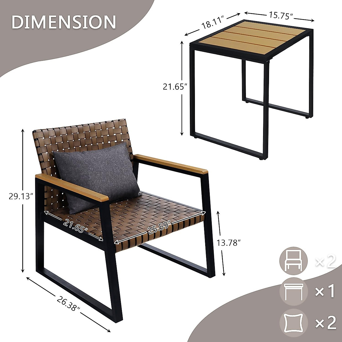 ENSTVER 3-Piece Wicker Patio loveseat Furniture Conversation Set,Outdoor loveseat with Coffee Table for Backyard, Porch, Deck, Garden