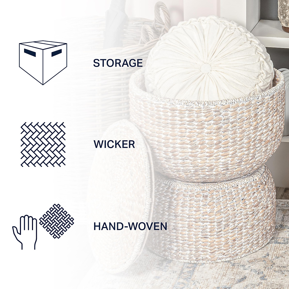 happimess SAT1000C Bhola 18" Hourglass Handwoven Hyacinth Storage Accent Table with Lid for Storage and Decoration in Bedroom, Living Room, Kitchen, Dining Room, Entryway, Guestroom, White Wash