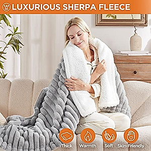 Westinghouse Electric Blanket Heated Throw, Super Cozy Luxury Faux Fur & Sherpa with 6 Heating Levels & 2-10 Hours Auto Off, Fast Heating & Overheat Protection, 50x60 Inch, Light Grey