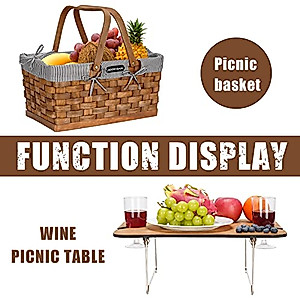 Woodchip Picnic Basket with Portable Wine Table, Woven Basket with 2 Swing Handles & Removable Lining, Empty Large Basket for Picnic, Outdoor, Camping, Family, Party, Wedding Gifts for Couple. Grey