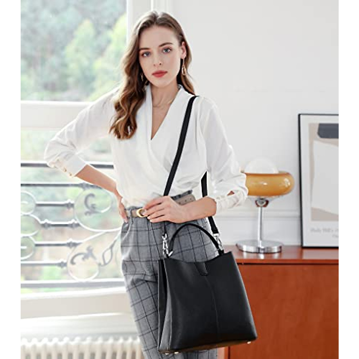 HESHE Leather Womens Handbags Tote Top Handle Bucket Bag Shoulder Bags Satchel Ladies Purses Crossbody Bag (Black-Top Grain Leather)