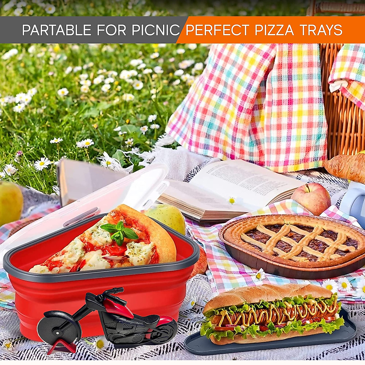 Pizza Storage Container with Pizza Cutter, 5 Microwavable Serving Trays with Pizza Container, Silicone Pizza Storage Container, Pizza Pack, Pizza Storage Container Collapsible, Pizza Keeper, Red