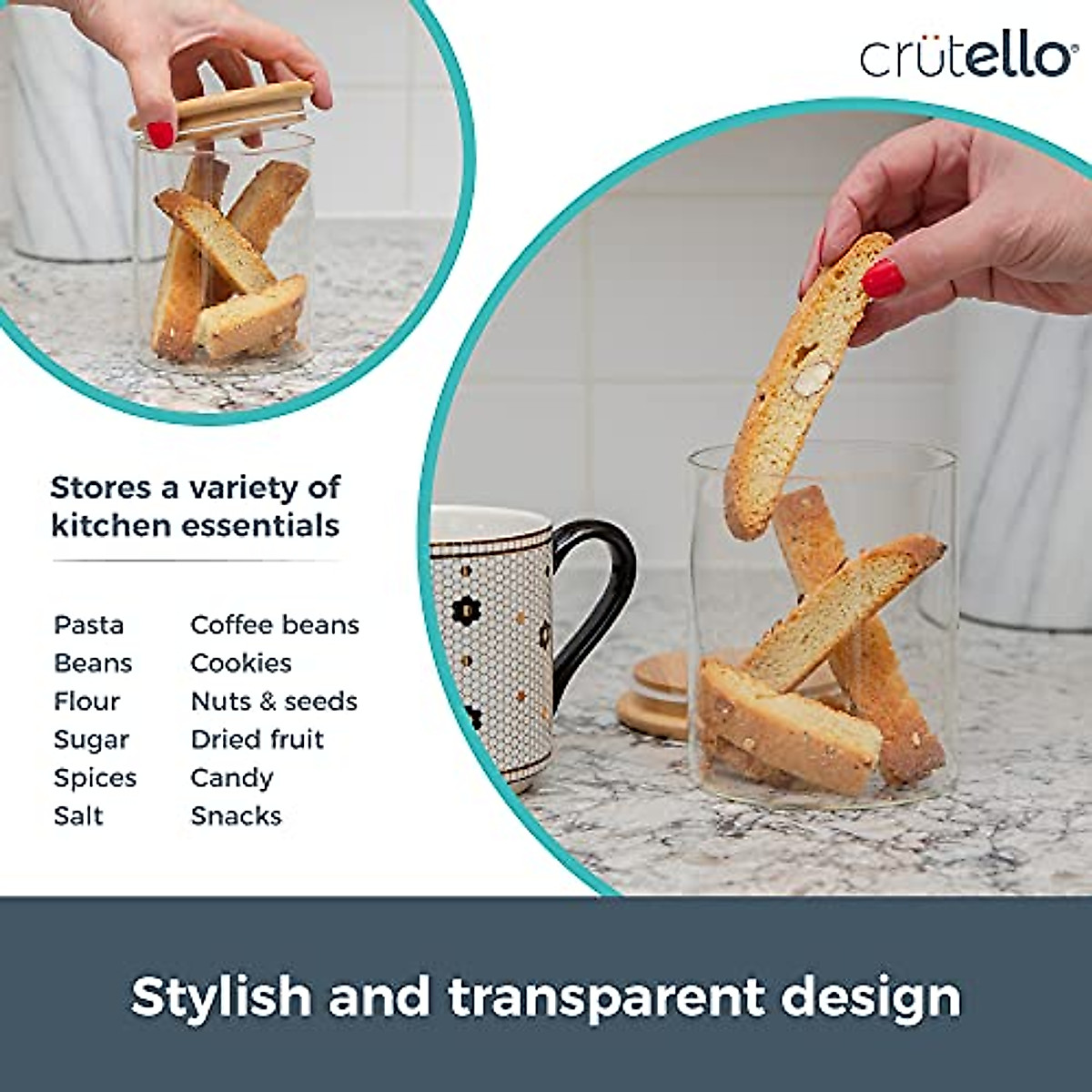 Crutello Glass Food Storage Containers with Bamboo Lids, 6 Pack - Three 26 Fluid oz and Three 23 Fluid oz Airtight Clear Kitchen Organization Canisters is an Family-Owned American Brand