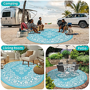 HEBE Round Outdoor Area Rug for Patios Clearance 6Ft Waterproof Mat Reversible Plastic Camping Door Mat, Circle Outside Carpet for RV, Camper,Porch,Deck,Balcony,Backyard
