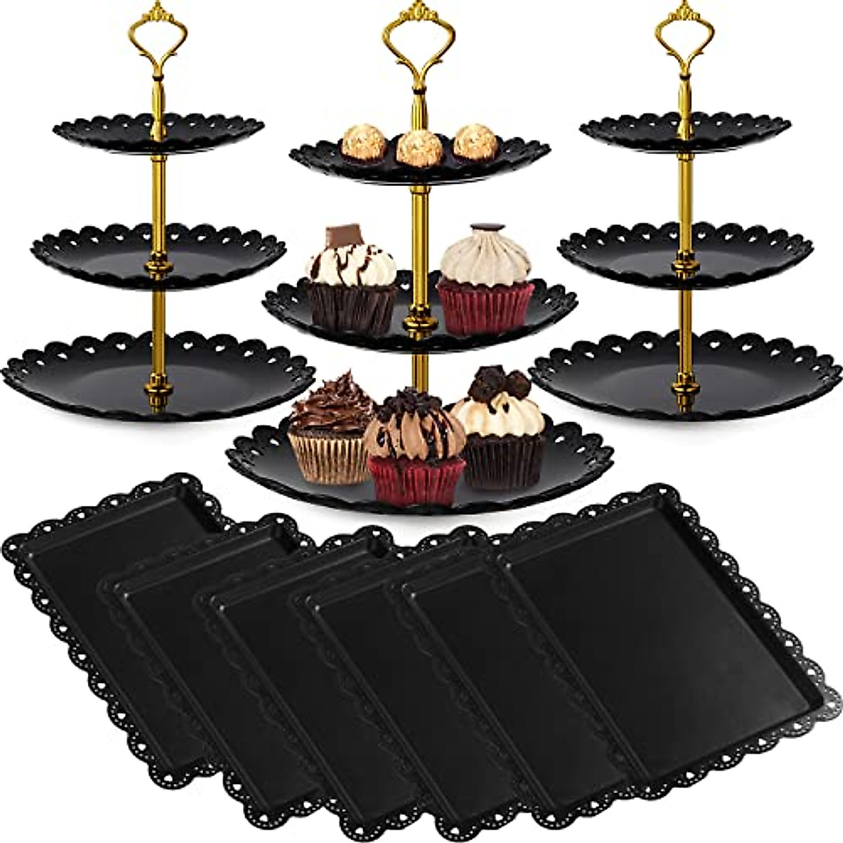 Potchen 9 Pcs Black Dessert Table Display Set Includes 6 Pcs Rectangle Cupcake Stand and 3 Pcs Round 3 Tiered Serving Tray Cake Gold
