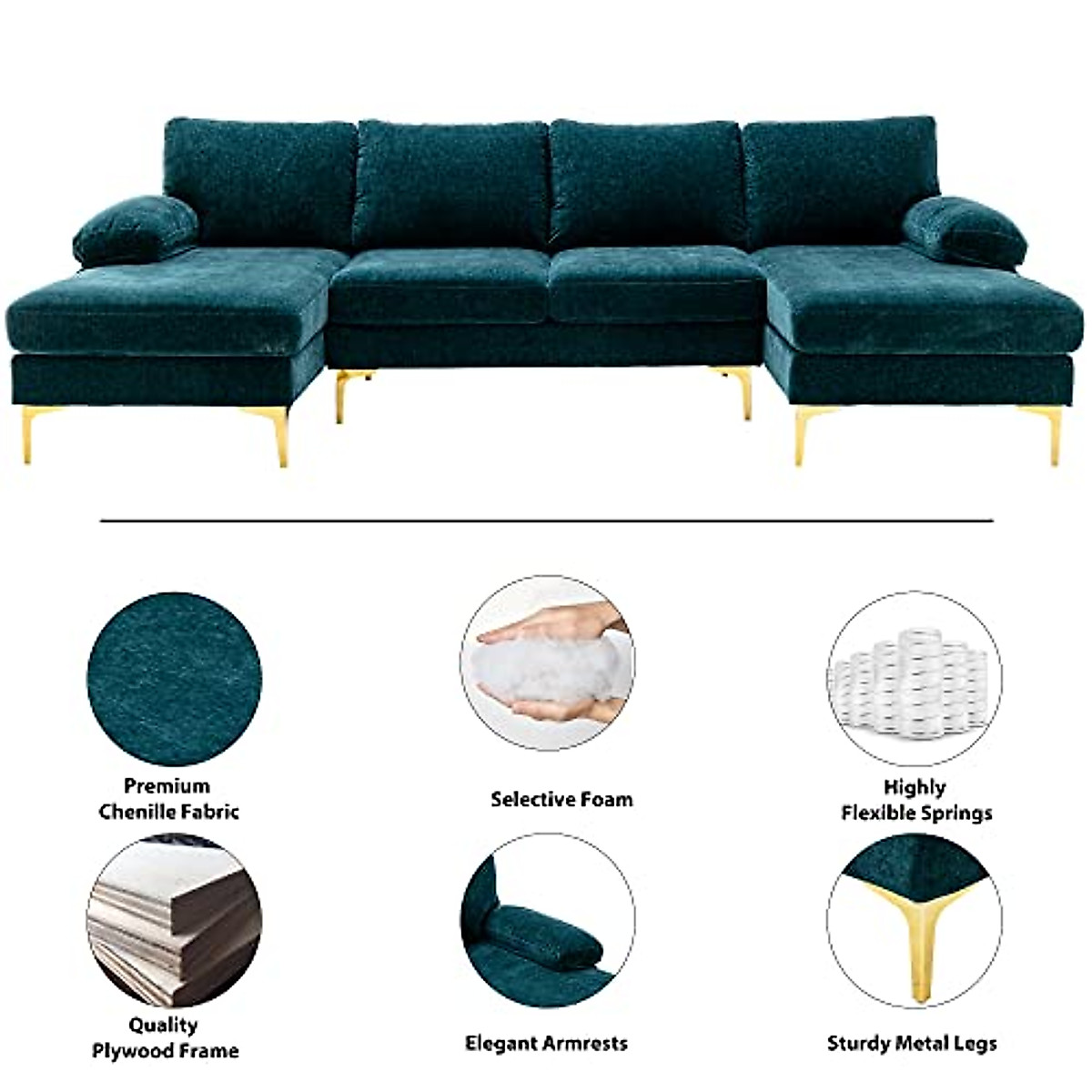 Olela U Shape Sectional Sofa,Modern Large Chenille Fabric Modular Couch,Extra Wide Sofa with Chaise Lounge and Golden Legs for Living Room (Teal)