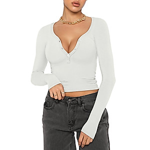 REORIA Women Fall Sexy Long Sleeve Henley T Shirts V Neck Button up Casual Basic Vintage Y2K Slim Fitted Ribbed Knit Tees Crop Tops White Small