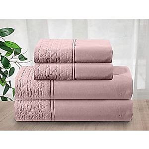 Elegant Comfort Luxury Soft Coziest 4-Piece Bed Sheet Set 1500 Thread Count Egyptian Quality Wrinkle Resistant Beautiful Quilted Design on Flat Sheet and Pillowcases, Queen, Dusty Rose