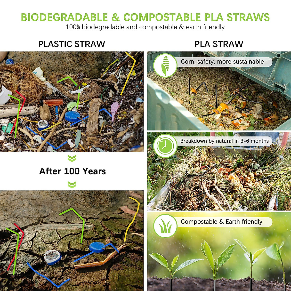 Plasticless 100 Pcs PLA Disposable Drinking Straws Corn Plant Based Biodegradable Straws, BPA Free Compostable Stir Sticks Black Straws, Reusable Straws Alternative to Plastic Straws for Party Drinks