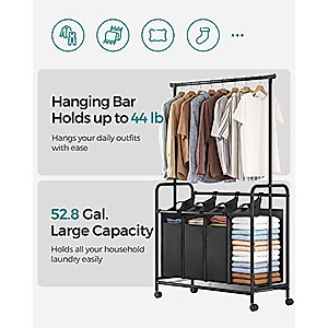 SONGMICS 4-Section Laundry Sorter, Rolling Laundry Cart with Hanging Bar, Laundry Organizer, Hampers for Laundry, Heavy-Duty, Lockable Wheels, 4 x 13.2 Gal., Black URLS44B