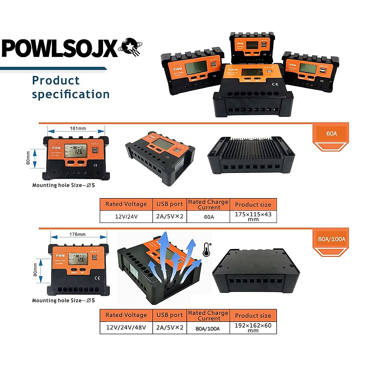 POWLSOJX 80A PWM 48V Solar Charge Controllers with Multi-Protection & LCD Display & 5V USB Output Solar Panel Charger with Temp Sensor (12/24/48V 80A)