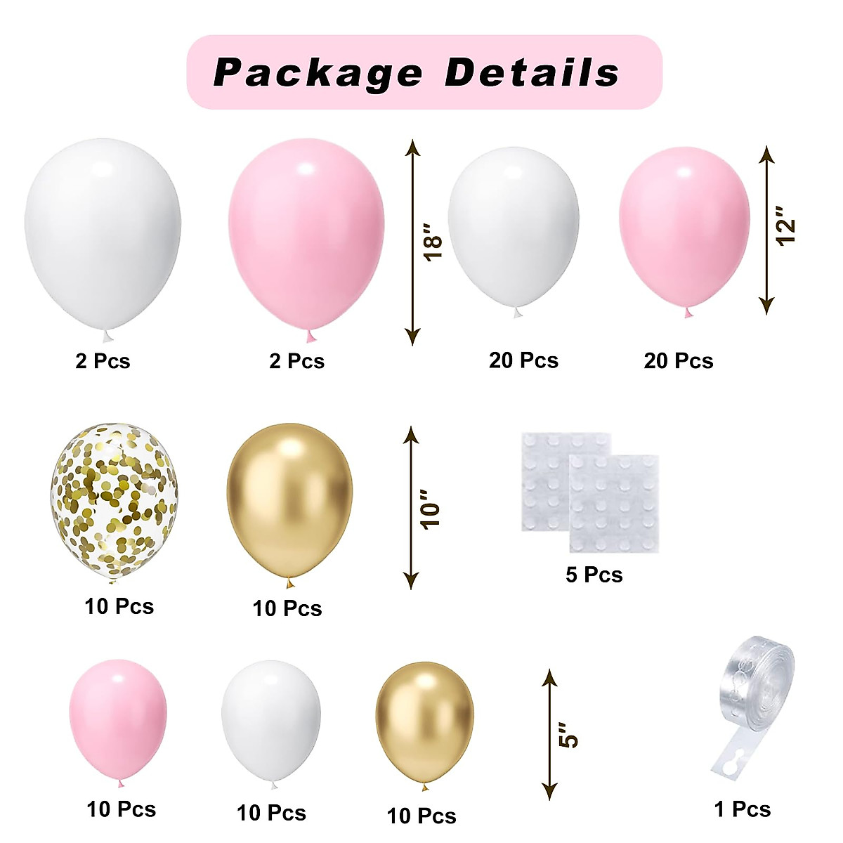 Pink and Gold Balloons Garland Kit, 124pcs Pink White Gold Confetti Metallic Latex Balloons Arch for Girls Baby Shower, Birthday, Wedding Decorations