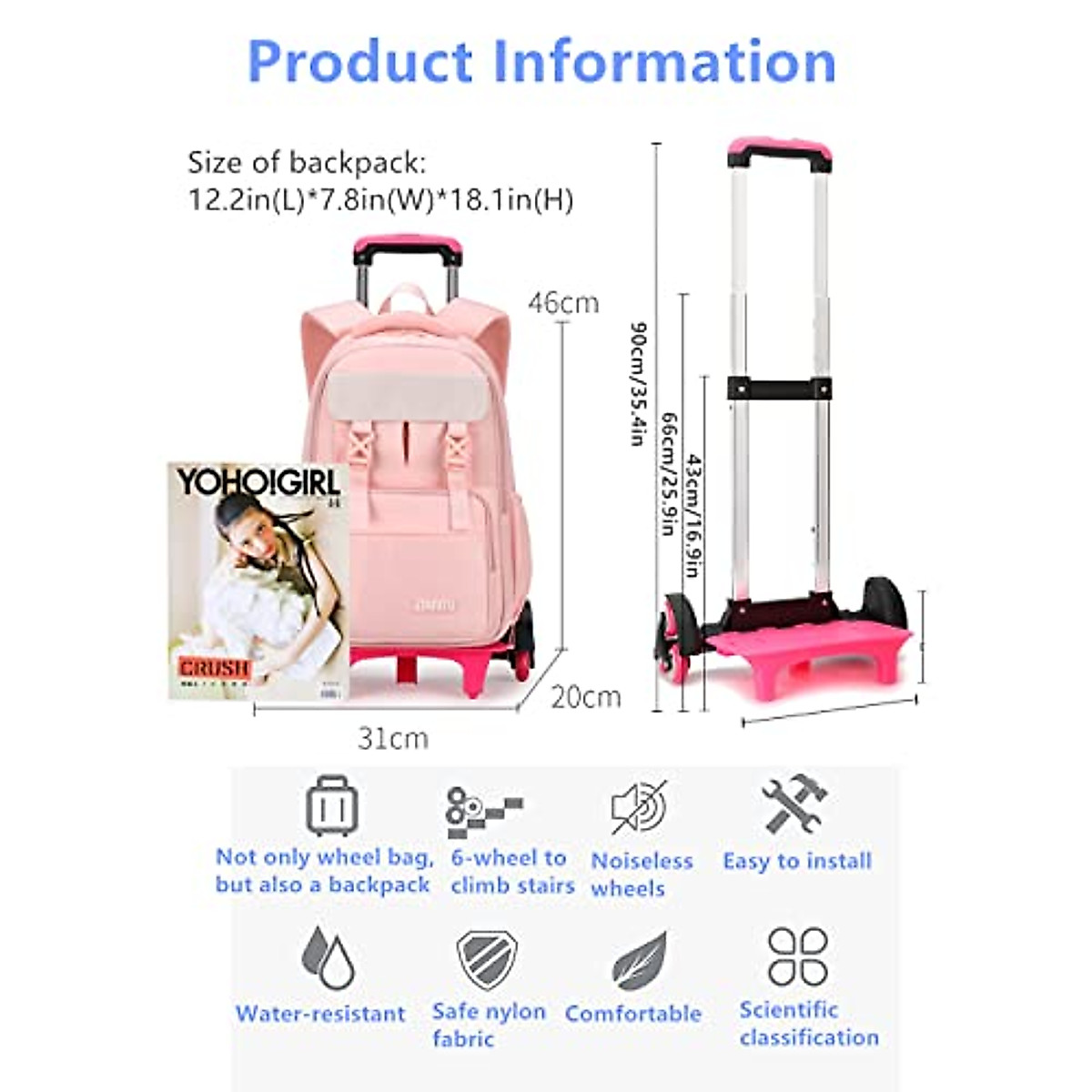 Solid-Color Rolling Backpack for Girls, Trolley Wheel School Bag, Wheeled Bookbag on 2 Wheels