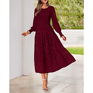 BTFBM Casual Women's 2025 Fall Dresses Elegant Wedding Guest Dress Long Sleeve Floral Midi Dress Flowy Bohemian Long Dress(Wine Red,Large)