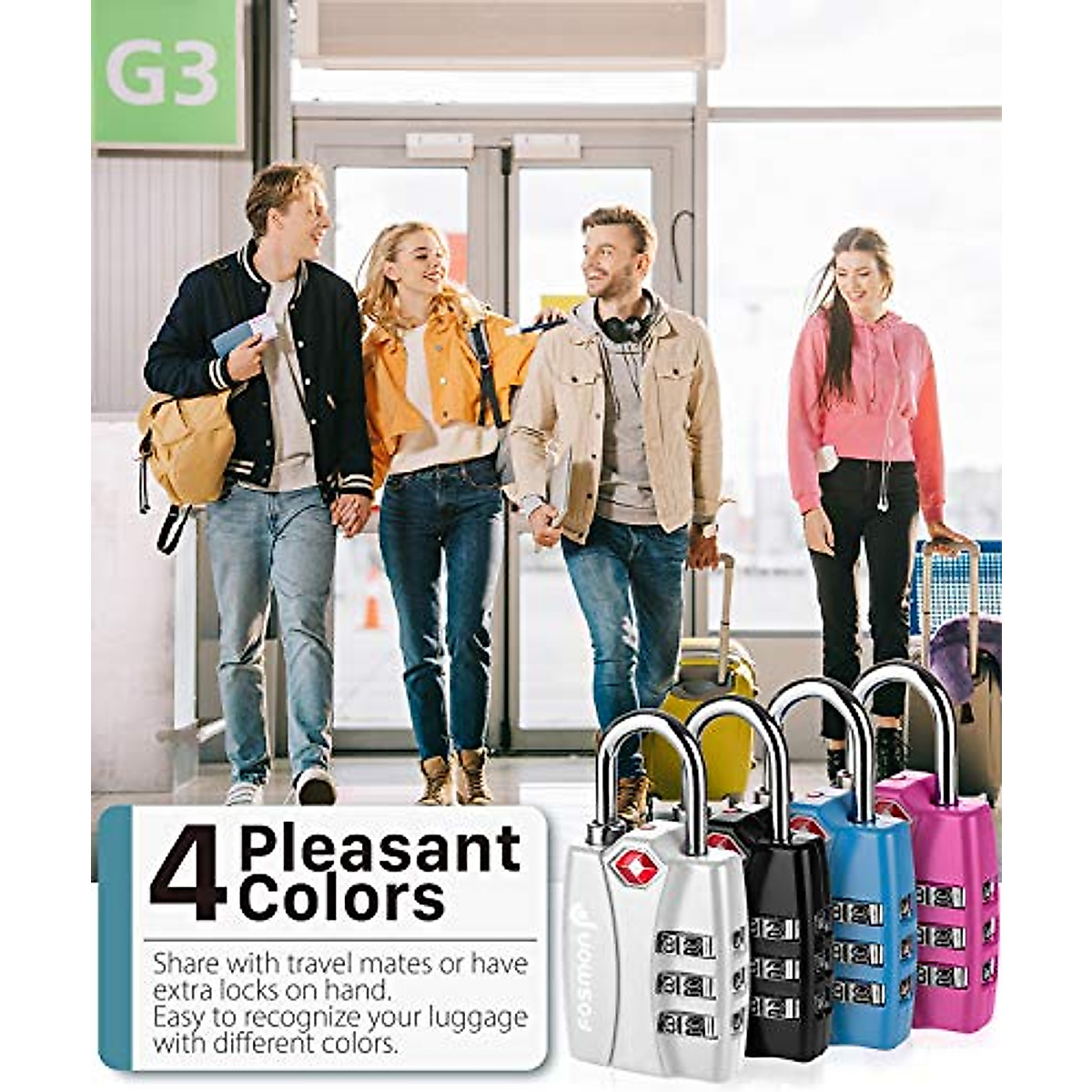 Fosmon TSA Accepted Luggage Locks, (4 Pack) Open Alert Indicator 3 Digit Combination Padlock Codes with Alloy Body for Travel Bag, Suit Case, Lockers, Gym, Bike Locks - Black, Blue, Pink, and Silver