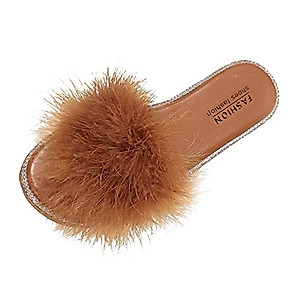 Slide Slippers Women Ladies Fashion Multi Color Plush Rhinestone Decorative Flat Open Toe Beach Slippers (Brown, 6.5)