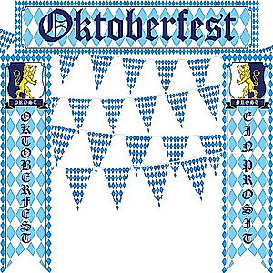 Oktoberfest Decorations Kit Oktoberfest Sign Banner Backdrop Bavarian Check Pennant Flag Porch Sign Welcome Banner White and Blue for German Theme Party Beer Festival Oktoberfest Party Supplies Favors