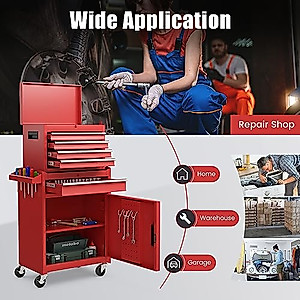 DORTALA 2 in 1 Tool Chest & Cabinet w/ 5 Sliding Drawers, Rolling Garage Box Organizer, Lockable Tool Box, Detachable Tool Organizer, Tool Cabinet Cart Workshop Trolley on Wheels, Red