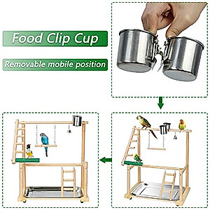 Ozzptuu Bird Playground Natural Wood Small/Medium Parrot Playstand Pet Bird Feeder Perch Stand with Seed Cups Ladder Hanging Swing