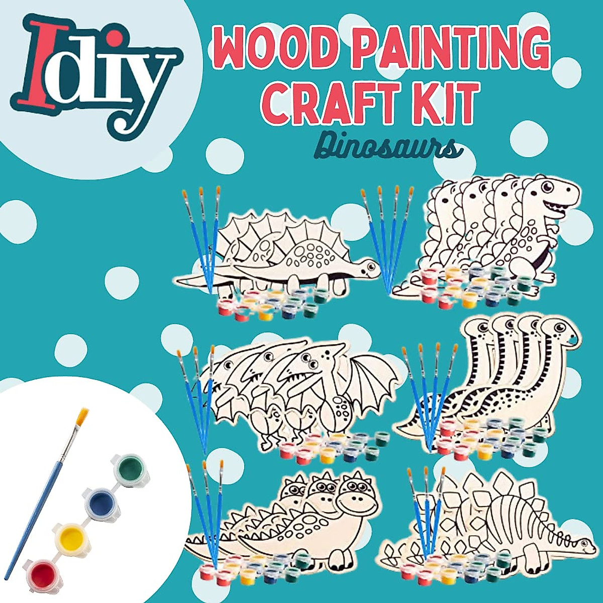 Kids Party Dino Wood Painting Craft Kits (20ct)- Dinosaur Designs- Each Kit Has its Own Brush, Paint, & Figure- Fun, Unique Valentines Party Activity, Favors or Classroom School Projects Gift