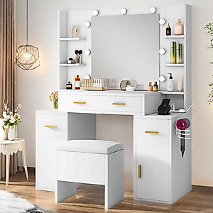DWVO Vanity Desk with Mirror and Lights, Makeup Vanity Set with Power Outlet, Drawers & Cabinet, 3 Colors Lighting Adjustable Brightness, Dressing Table for Bedroom, Storage Stool, Off White