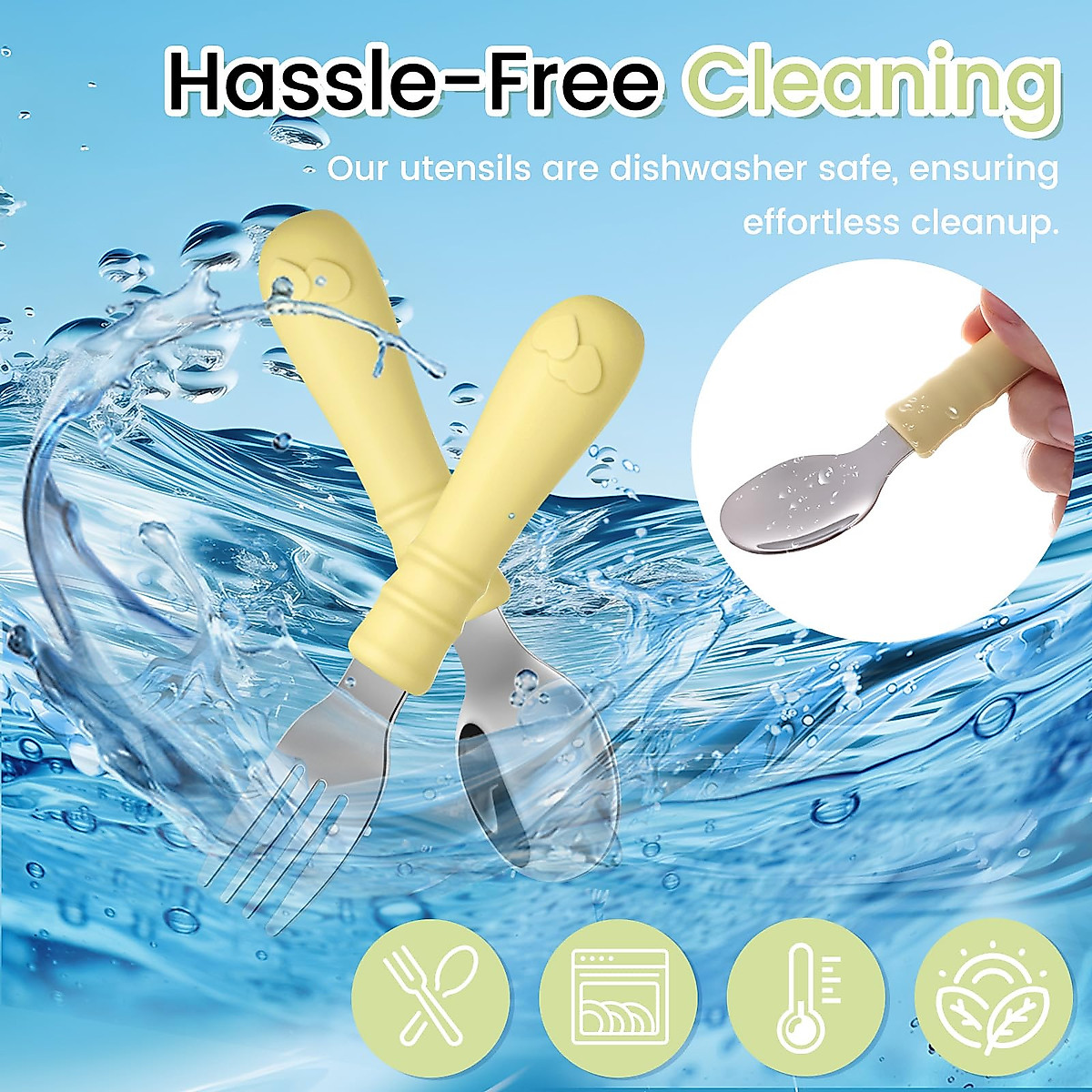 HAKSEN Toddler Forks and Spoons, Kids Silverware with Silicone Handle, Perfect Length for Baby Spoons Self Feeding, Stainless Steel Cutlery