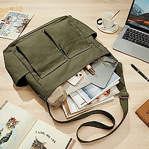 KALIDI Canvas Tote Bag, Messenger Bag with Pockets, Large Crossbody Bag for Women or Men, Casual Canvas Shoulder Bag for College Work Travel Daily, Army Green