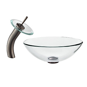 KRAUS Tall Waterfall Bathroom Faucet for Vessel Sink with Clear Glass Disk and Pop-Up Drain, Oil Rubbed Bronze KGW-1700-PU-10ORB-CL