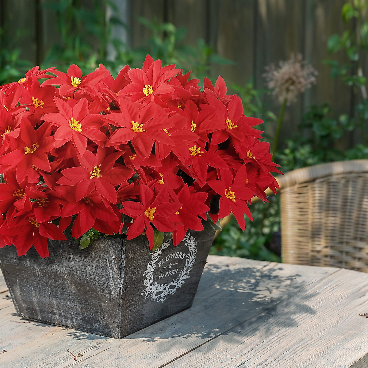 Sggvecsy Artificial Poinsettia Bouquet 7 Heads 5 Pack 15’’ Velvet Poinsettia Bush Christmas Flowers for Porch Home Garden Indoor Outdoor Xmas Decorations (Red)